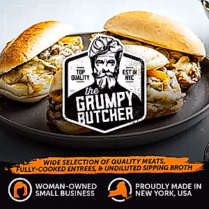 Grumpy Butcher Chicken Sandwiches (8 pack, each 4 oz) | Pulled Chicken with Caramelized Onions & Cheese | Fully-Assembled On Premium Bun | Just Heat & Eat