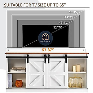 oneinmil Farmhouse TV Stand for 65 Inch TVs, Modern Rustic Entertainment Center with Sliding Barn Door and Storage Cabinets, Metal Media TV Console with Shelf for Living Room, 58 Inch,White