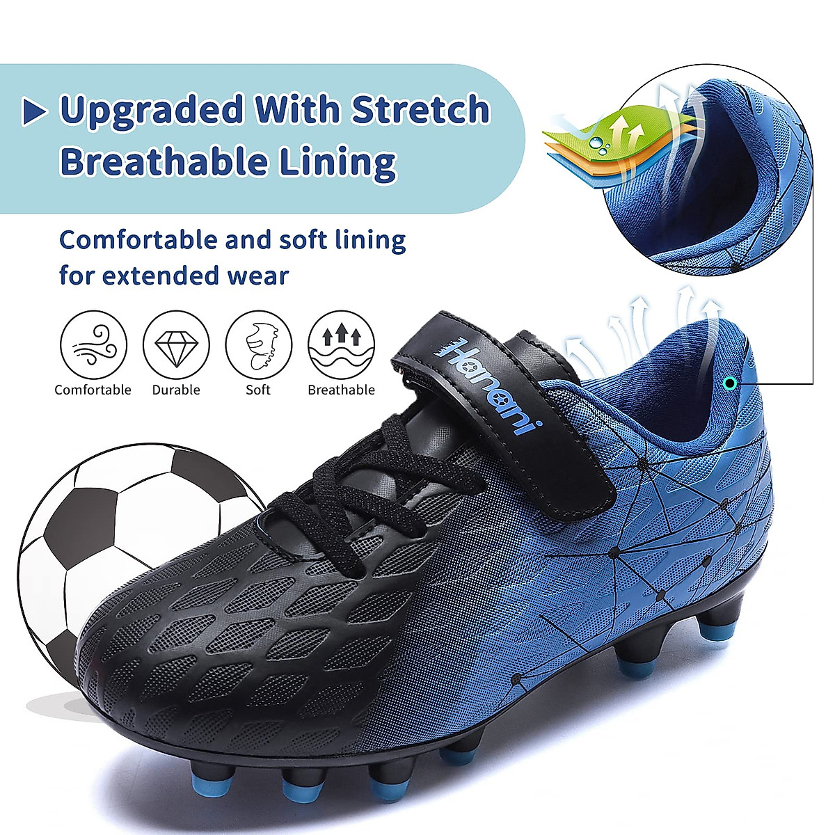 Hanani Boys Girls Soccer Shoes Kids Baseball Cleats Athletic Outdoor Indoor Sports Shoe Youth School Performance Futsal Sneaker Black Blue