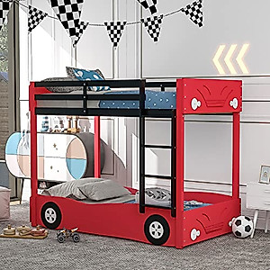 OYN Twin Over Twin Car-Shaped Bunk Bed Frame with Wheels for Children Teens Boys and Girls, Red