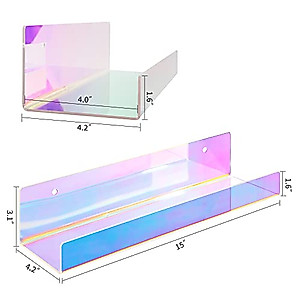 lamplig 2 Pcs Iridescent Shelves, 15'' Wall Mounted Kids Bookshelf, Acrylic Bookshelf for Toys, Rainbow Acrylic Floating Shelves Display Book Shelves for Kids Room Home Decor Ideal