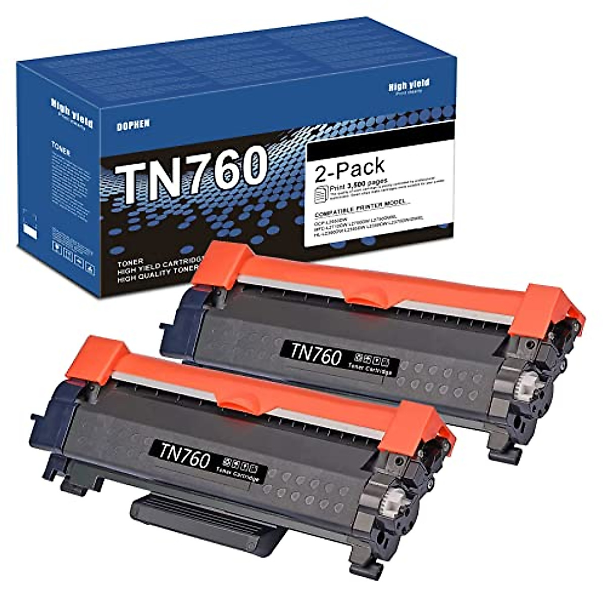 DOPHEN 2 Pack TN760 High Yield Toner Cartridge TN-760 2Pack Black High Yield Toner Cartridge Repalcement for DCP-L2550DW MFC-L2710DW L2750DW HL-L2370DW/DWXL L2390DW Printer, TN760