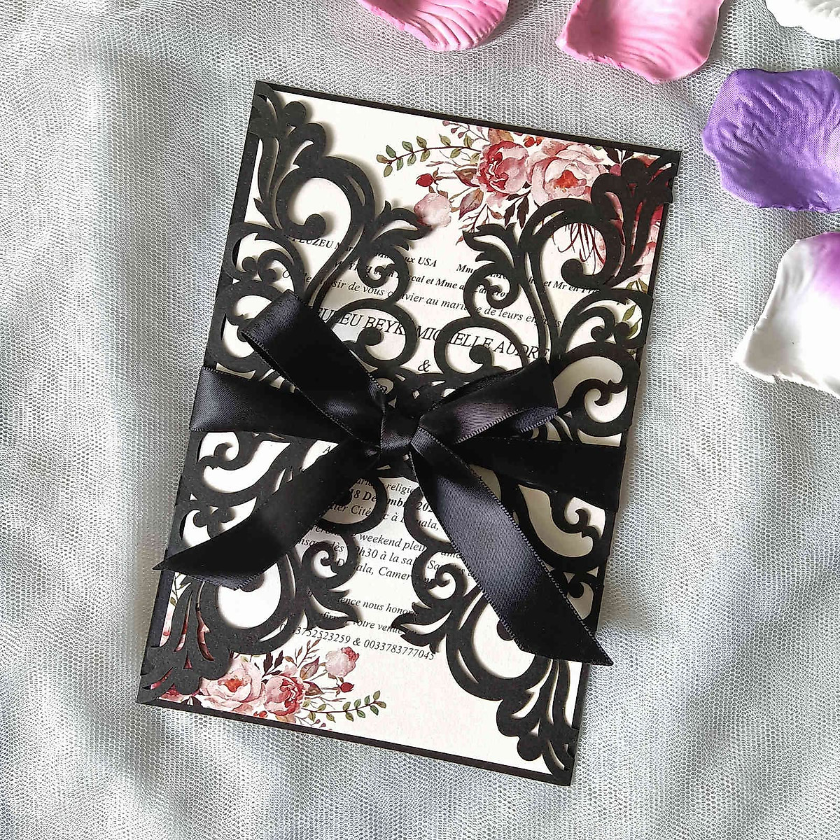 25PCS Laser Cut Wedding Invitations Cards with Envelopes,Blank Inner Sheets,Ribbons for Wedding Bridal Shower Quinceañera Engagement Birthday Invites, pearl black