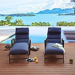 LOKATSE HOME 2 Pieces Outdoor Patio Chaise Lounge Blue Removable Cushions and Pillows with Adjustable Backrest and Armres Reclining Chairs for Beach Poolside Balcony Backyard Garden