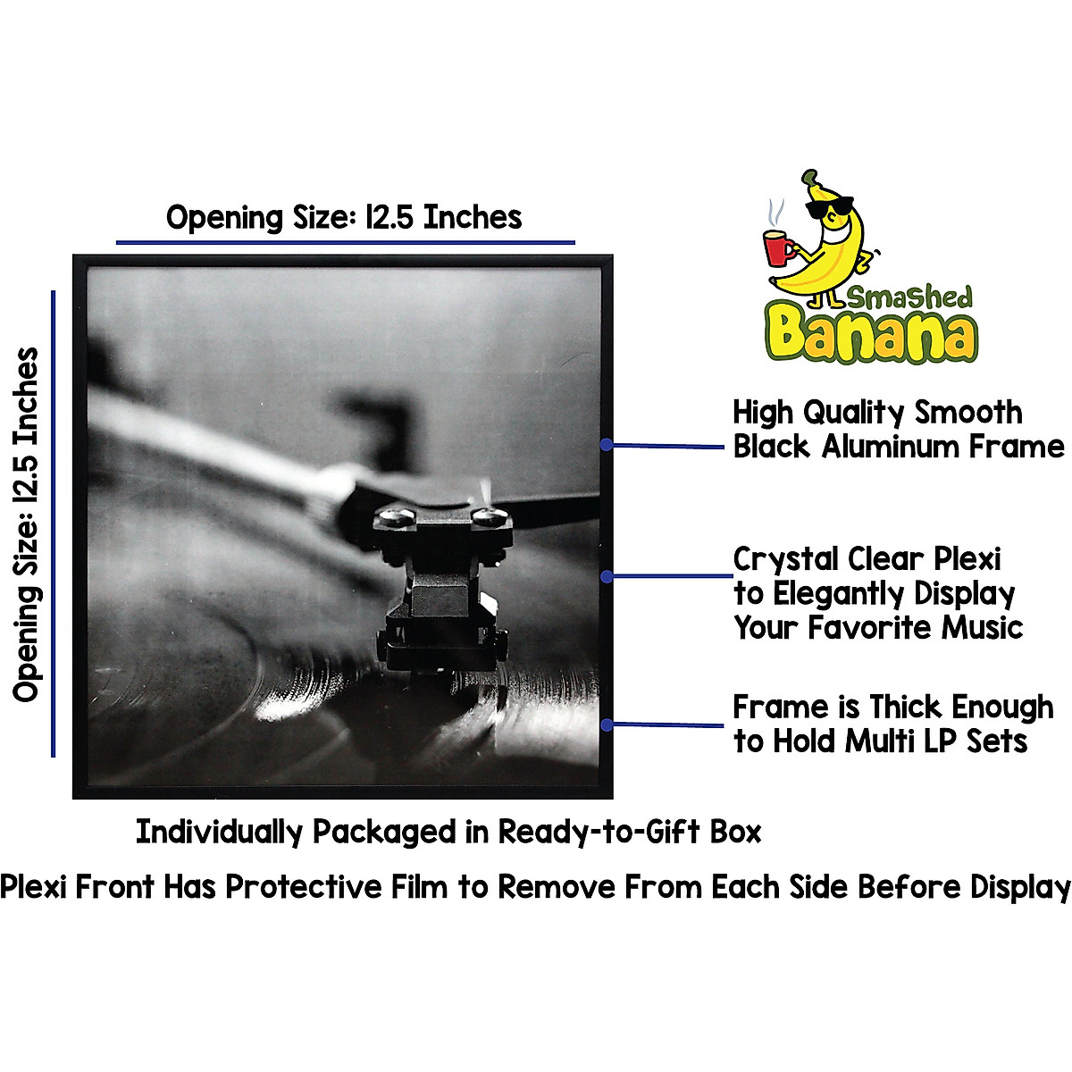 Black Music Album Frame - Made to Display Vinyl LP Album Covers 12.5" x 12.5" - Two Frames - Brushed Aluminum Finish - Hanging Hardware Installed with No Assembly Required - Record LP Cover 2-Pack