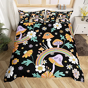 Erosebridal Trippy Mushroom Duvet Cover Queen Groovy Floral Bedding Set Cute Rainbow Comforter Cover with Zipper Closure Two Groovy Party Boho Hippie Mushroom Bed Sets Retro Party Decorations Bedding