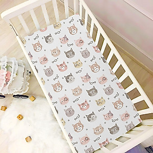 Kigai Cartoon Cat Face Crib Sheets for Boys Girls, Soft and Breathable Pack n Play Sheets, Portable Mini Stretchy Cribs Sheets, 52x28 Inch