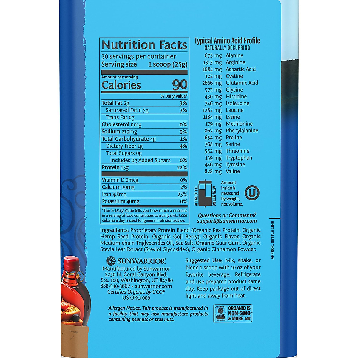 Vegan Organic Protein Powder Plant-based | BCAA Amino Acids Hemp Seed Soy Free Dairy Free Gluten Free Synthetic Free NON-GMO | Maple Toast 30 Servings | Warrior Blend by Sunwarrior
