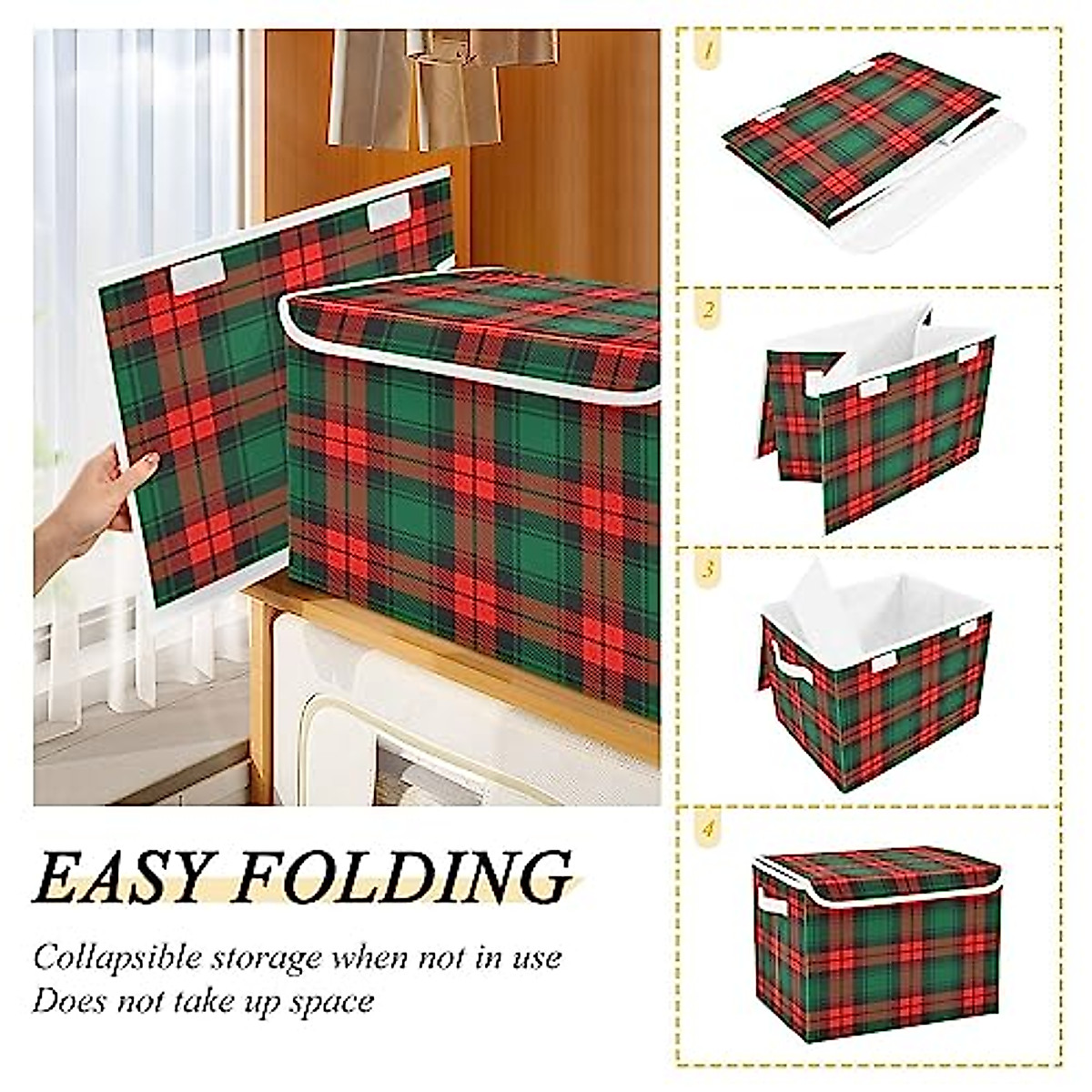 Ollabaky Christmas Plaid Larger Collapsible Storage Bin Fabric Decorative Storage Box Cube Organizer Container Baskets with Lid Handles for Closet Organization, Shelves