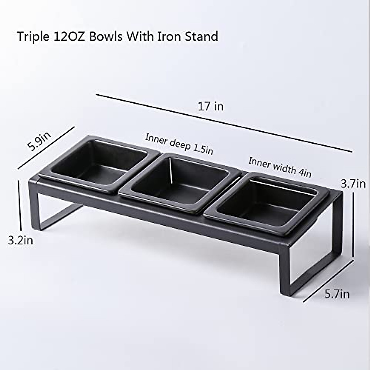 QIRAN Raised Cat Food Bowl,Elevated Cat Bowls with Stand,Ceramic Pet Feeding Bowls for Food and Water,Protect Cat's Spine,Perfect for Cats and Dogs, 12 Ounces*3,Dishwasher Safe,Triple Bowls,Black