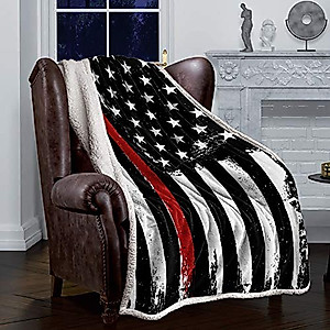 Sherpa Fleece Throw Blanket Black White and Red American Flag Home Decor Reversible Fuzzy Warm and Cozy Throws, Honoring Firefighters Redline Super Soft Plush Bed TV Blankets for Couch/Sofa/Travel