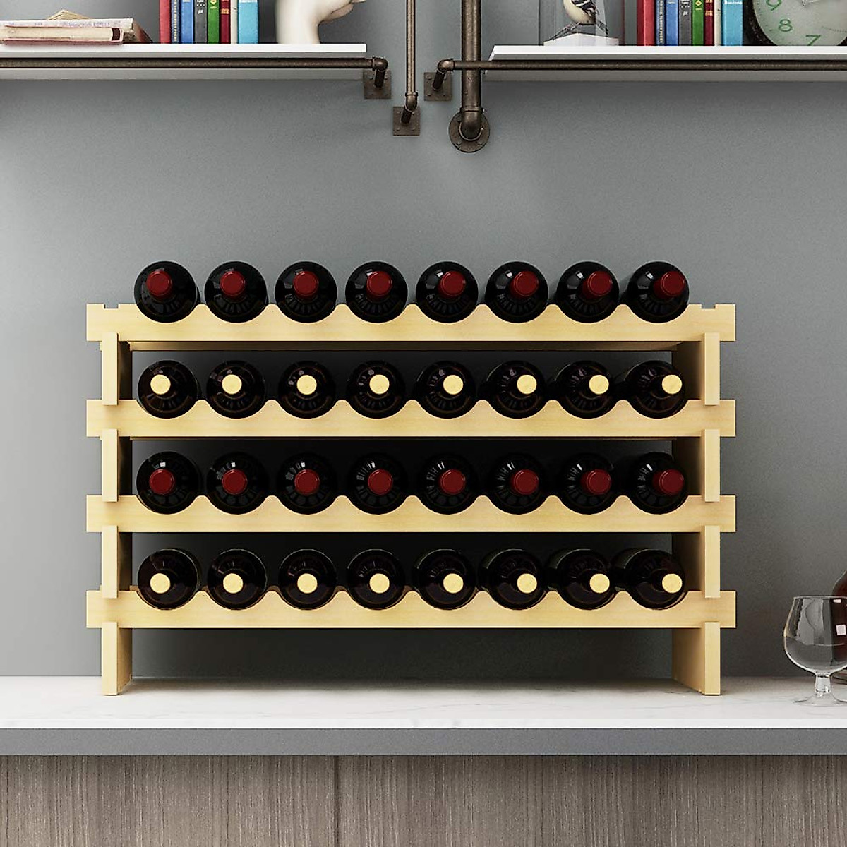 soges Wine Rack 32 Bottle Stackable Wine Storage Wood Wine Display Racks Free Standing Wine Shelf, BY-WS4832M