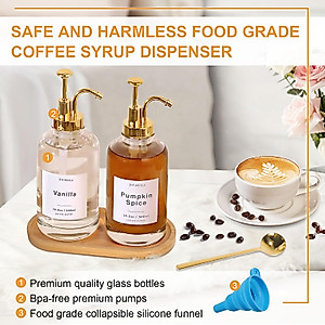 Coffee Syrup Dispenser for Coffee Bar, 16.9oz 500ml Glass Syrup Dispenser w Golden Coffee Scoop, Coffee Syrup Pump Dispenser w 36 Labels and Bamboo Tray, Coffee Syrup Bottles with Golden Pump, 2PCS