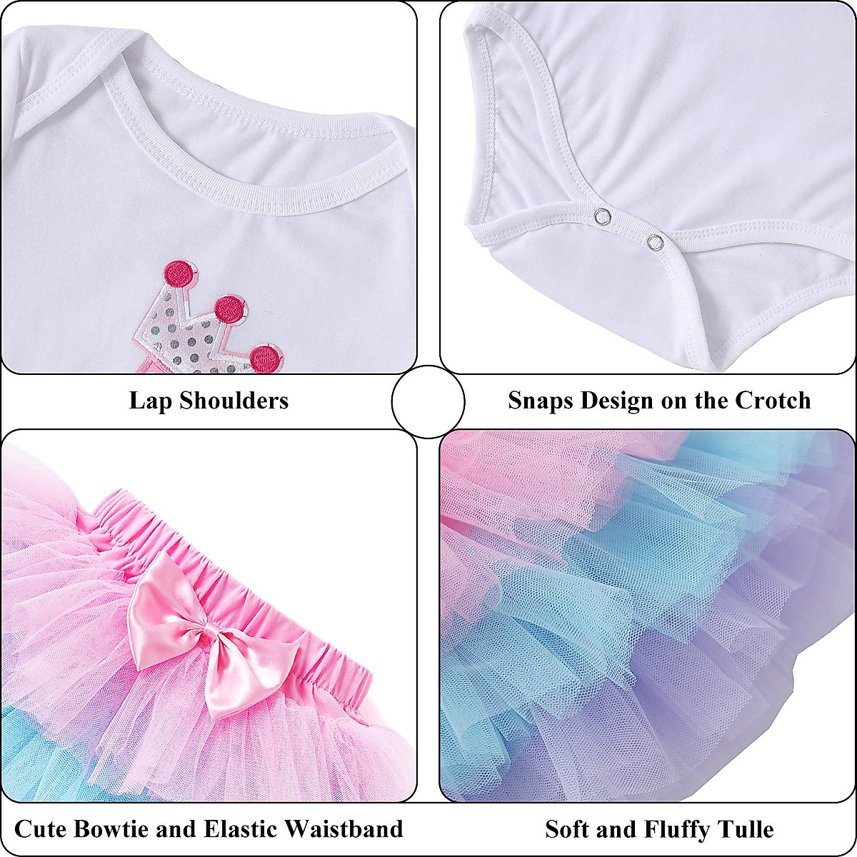 HOSUKKO Baby Girl Half/First / 2nd Birthday Outfits, Long Sleeve Onesie & Tulle Tutu Skirt & Cable Knit Tights & Crown & Headband, Toddler Girls' Skirt Clothes Sets for Pictures (5 pcs),Multi,12-18M