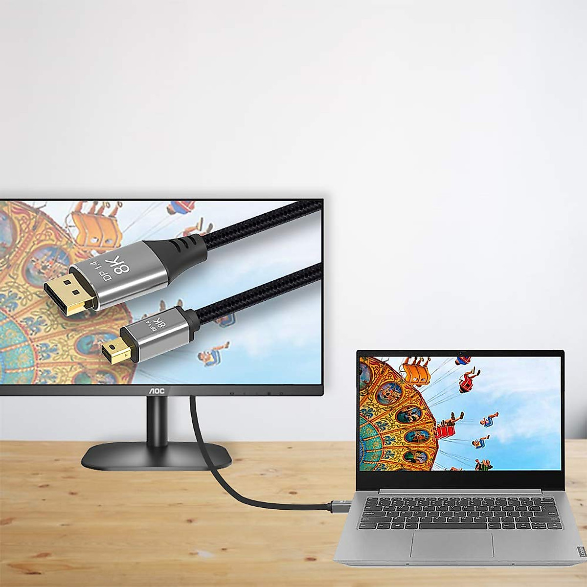CABLEDECONN 2M 6.6FT Mini DP to DisplayPort 8K Cable 8K(7680x4320)@60Hz 4K@144Hz Display Port 1.4 Bi-Directional Transmission DP to Mini DisplayPort 8K