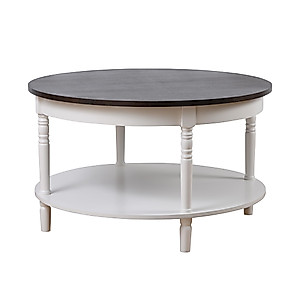 CHEEMHOM Round Coffee Table -33" Solid Wood Farmhouse Table for Living Room, 2-Tier Rustic Circle Desktop with Storage Shelf Modern Design Home Furniture Brown & White