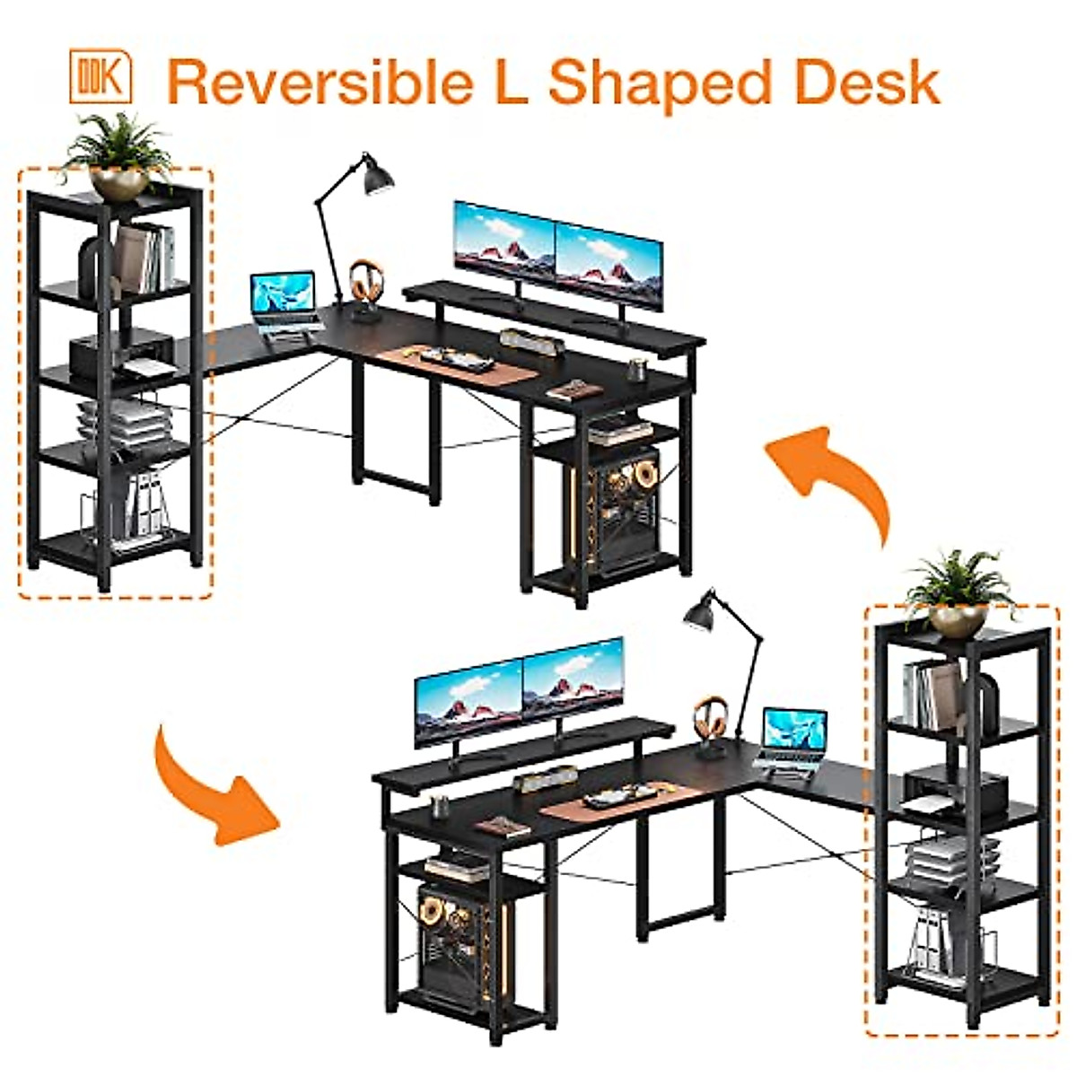 ODK L Shaped Desk with Monitor Stand, 61 Inch Home Office Desks with Storage Printer Shelves, Reversible Corner Gaming Desk with Bookshelf for Bedroom, Black