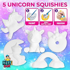 KEFF Paint Your Own Squishies - Unicorn Squishy Maker Painting Kit for Kids - DIY Arts & Crafts Gifts Toys for Girls and Boys with Glitter Puff Paints, Brushes and Palette