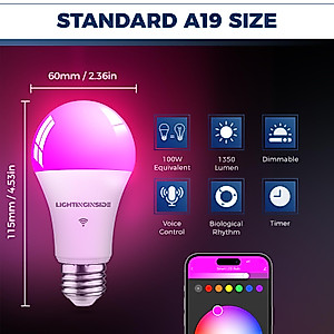 Lightinginside Smart Light Bulbs 100W Equivalent, 1350LM 11W WiFi Smart Bulb Compatible with Alexa/Google Assistant/Smart Life, A19 E26 RGBCW Color Changing, No Hub Required,2.4G WiFi, ETL Listed,4PCS