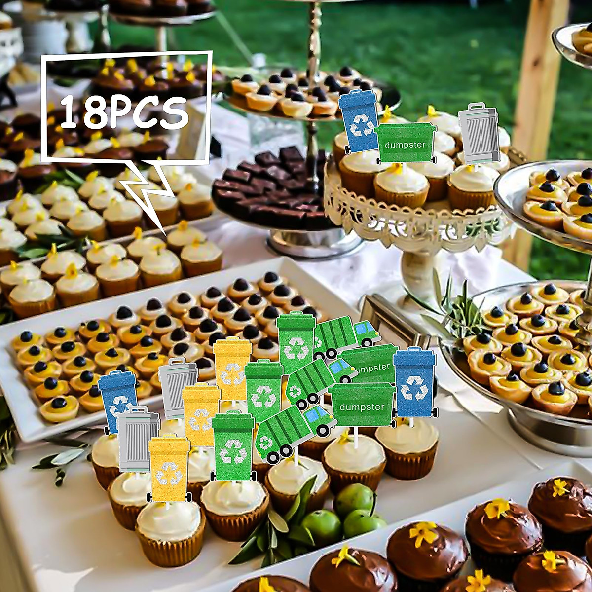 18pcs Green Glitter Dessert Cupcake Topper Garbage Truck Trash Cans Truck Waste Management Recycling Theme Decorations Boy Girl Happy Birthday Party Decor Supplies