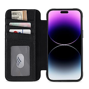 Case-Mate Wallet Folio iPhone 14 Pro Max Case - Black [10ft Drop Protection] [Compatible with MagSafe] Magnetic Flip Folio Cover Made w/ Genuine Pebbled Leather, Landscape Stand, Cash and Card Holder
