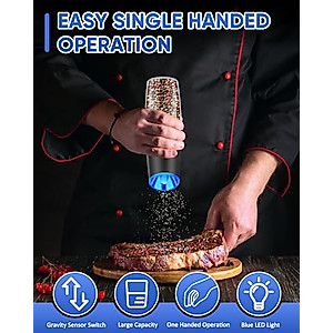 Gravity Electric Pepper and Salt Grinder Set, Adjustable Coarseness, With LED Light, One Hand Automatic Operation, Stainless Steel Black, (2 Pack Black)