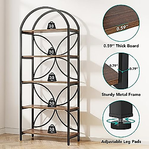 Tribesigns 5-Tier Open Bookshelf, 75 Inch Tall Arched Bookcase Shelf Storage Organizer, Industrial Book Rack with Metal Frame, Standing Display Rack for Bedroom, Living Room, Home Office, Brown