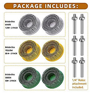 6 Pack 2 Inch Bristle Disc Grit 50# 80# 120# with 1/4" Shank Attachment Abrasive Coating Removal Disc for Metal (6, 2 inch)