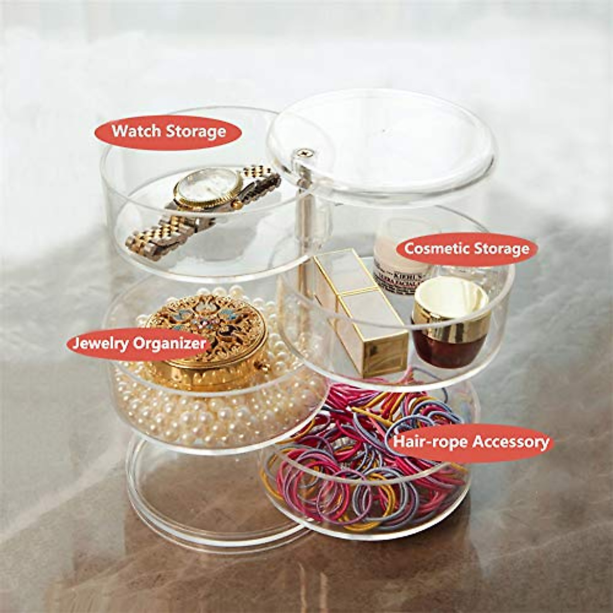 Stratalife Hair Accessories Organizer Acrylic Jewelry Organizer Hair Tie Container Small Jewelry Box 4 Layers Storage Box Hair Accessory Container Rotatable Organizer Drawer for Women Girls
