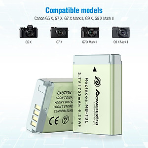 Powerextra 2 Pack NB-13L Battery and Travel Charger Compatible with Canon PowerShot G5 X G7 X G7 X Mark II G9 X G9 X Mark II SX620 HS SX720 HS SX730 HS Digital Camera