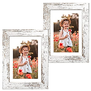 Capcillin 5x7 Picture Frame Wood Patten Distressed White Set of 2, Each Frame with Mat,Display 5x7 Picture Without mat or 4x6 Photos with Mat Wall Decor Table Top(CP001-MD5x7RW)
