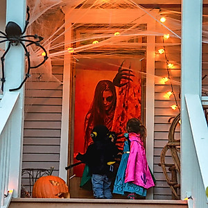 Halloween Theme Backdrop Door Banner Zombie Vampire Creepy Devil Hand Haunted House Terror Theme Happy Halloween Party Decoration Supplies for Men Boys Red