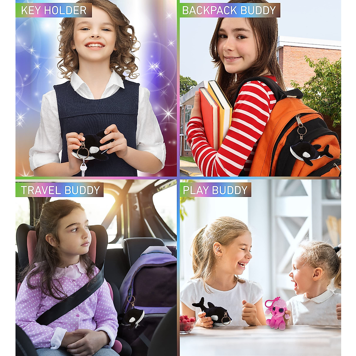 Puzzled Killer Whale Plush Keychain Stuffed Animal Toy - Soft Ocean Life Animal Black Whale Charm Keyring, Decorative Plush Toy Accessory Fun Buddy For Kids Bag - 4 Inches