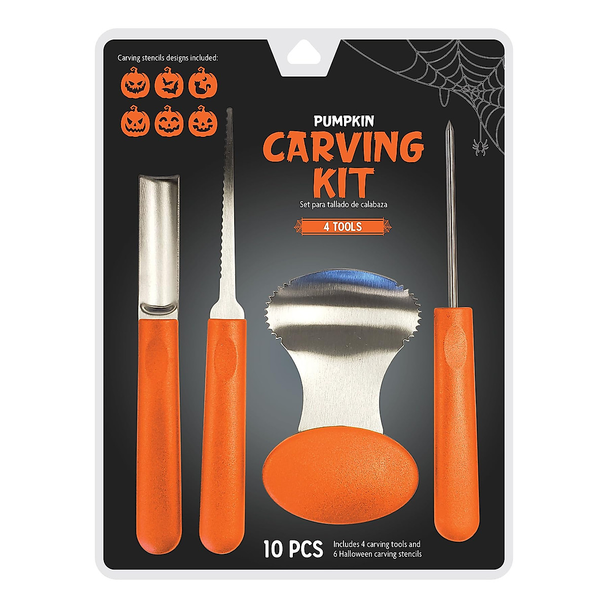 Pumpkin Carving Kit, 10-Piece Jack-O-Lantern Decorating Craft Set, 4 Tools + 6 Halloween Stencil Designs