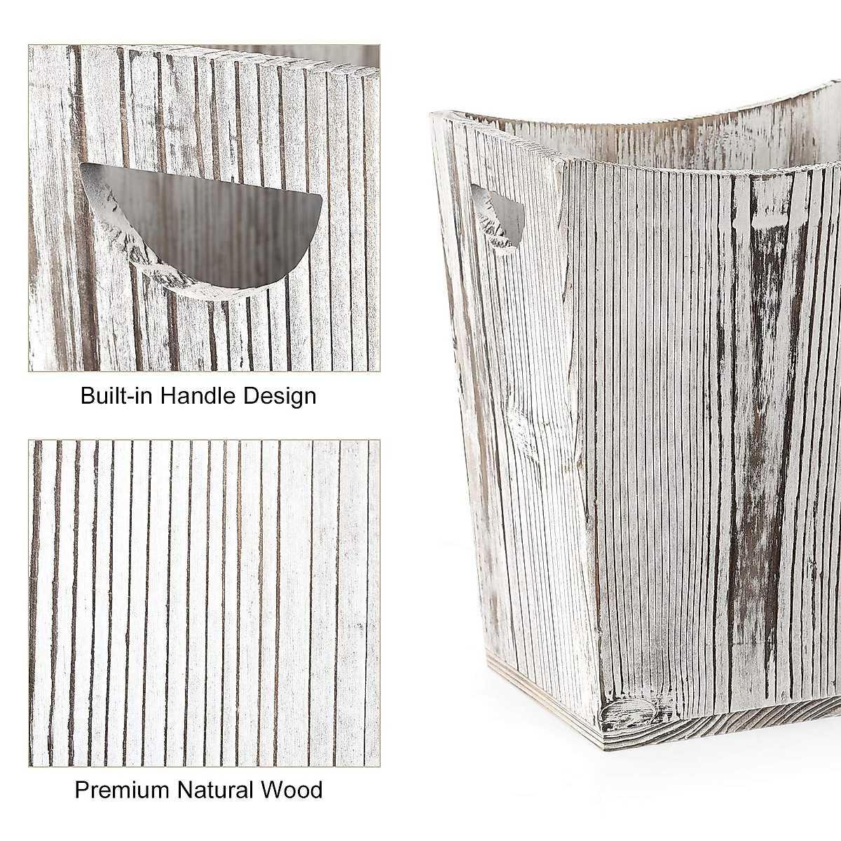 BTY Wood Trash Can, Farmhouse Small Square Wastebasket Bin, Rustic Style Wooden Waste Bin with Convenient Handle for Bathroom, Kitchen, Bedroom, Office - Rustic Grey