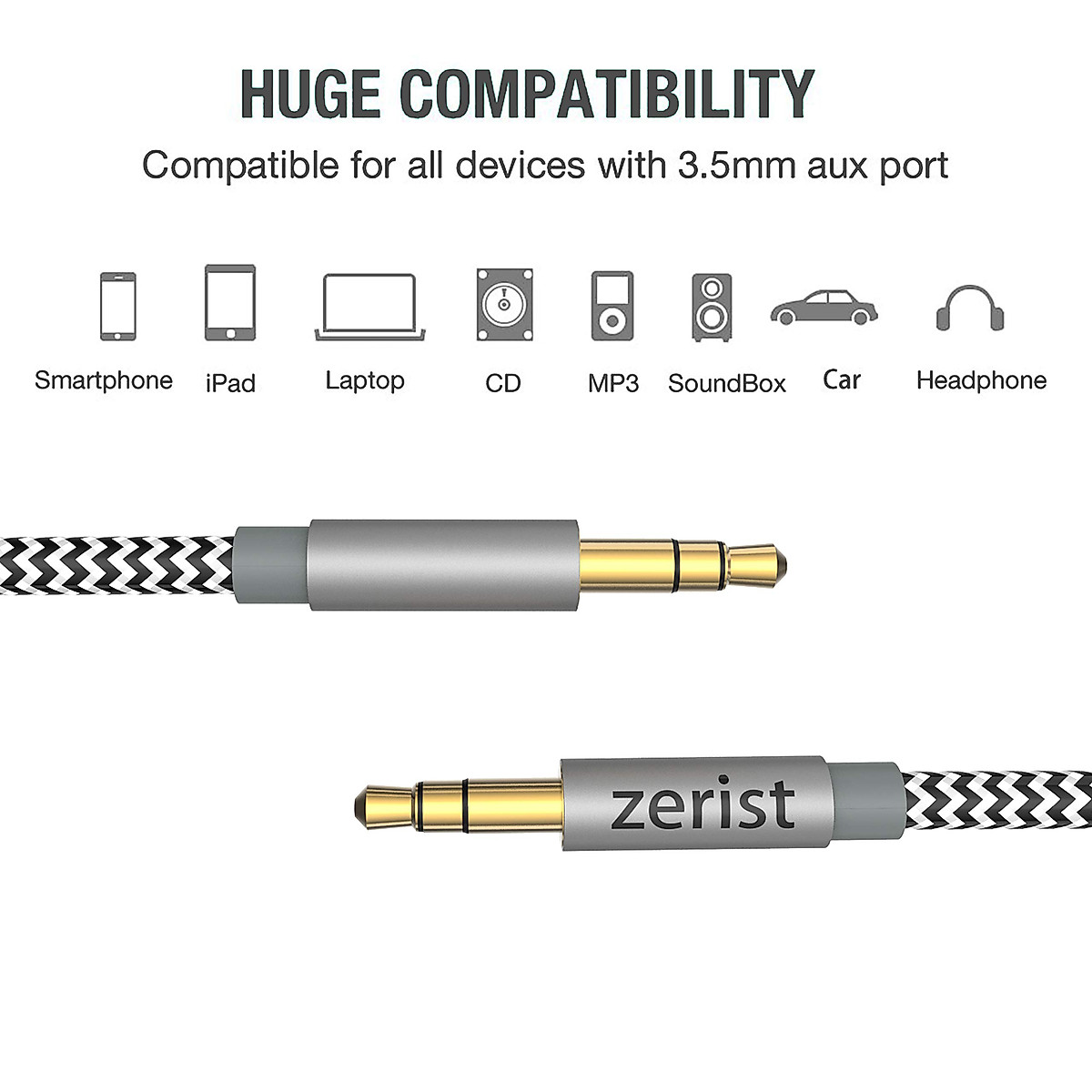 Zerist 3.5mm Stereo Audio Cable Extension Male to Male Nylon Braided 10ft/3m Tangle-Free AUX Cable for Headphones, iPods, iPhones, iPads, Home/Car Stereos and More (Black)