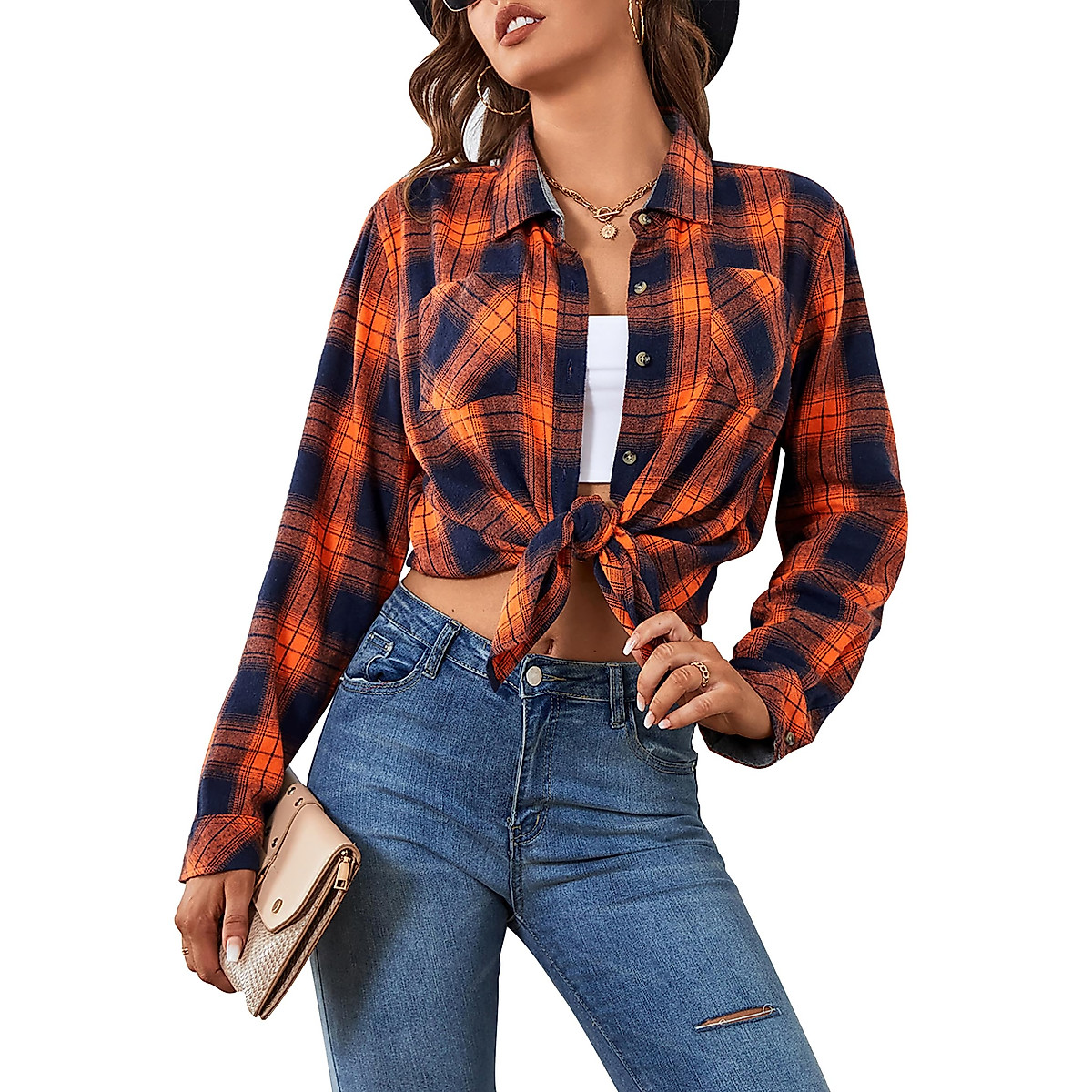 Damipow Premium Flannel Shirt Women Long Sleeve Fall Blouse Ladies Casual Top Cute Clothes,Orange,L