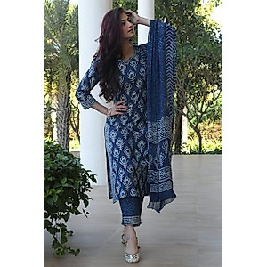 Amayra Women's Rayon Printed Straight Kurti with Palazzos and Dupatta Set(Blue,M)