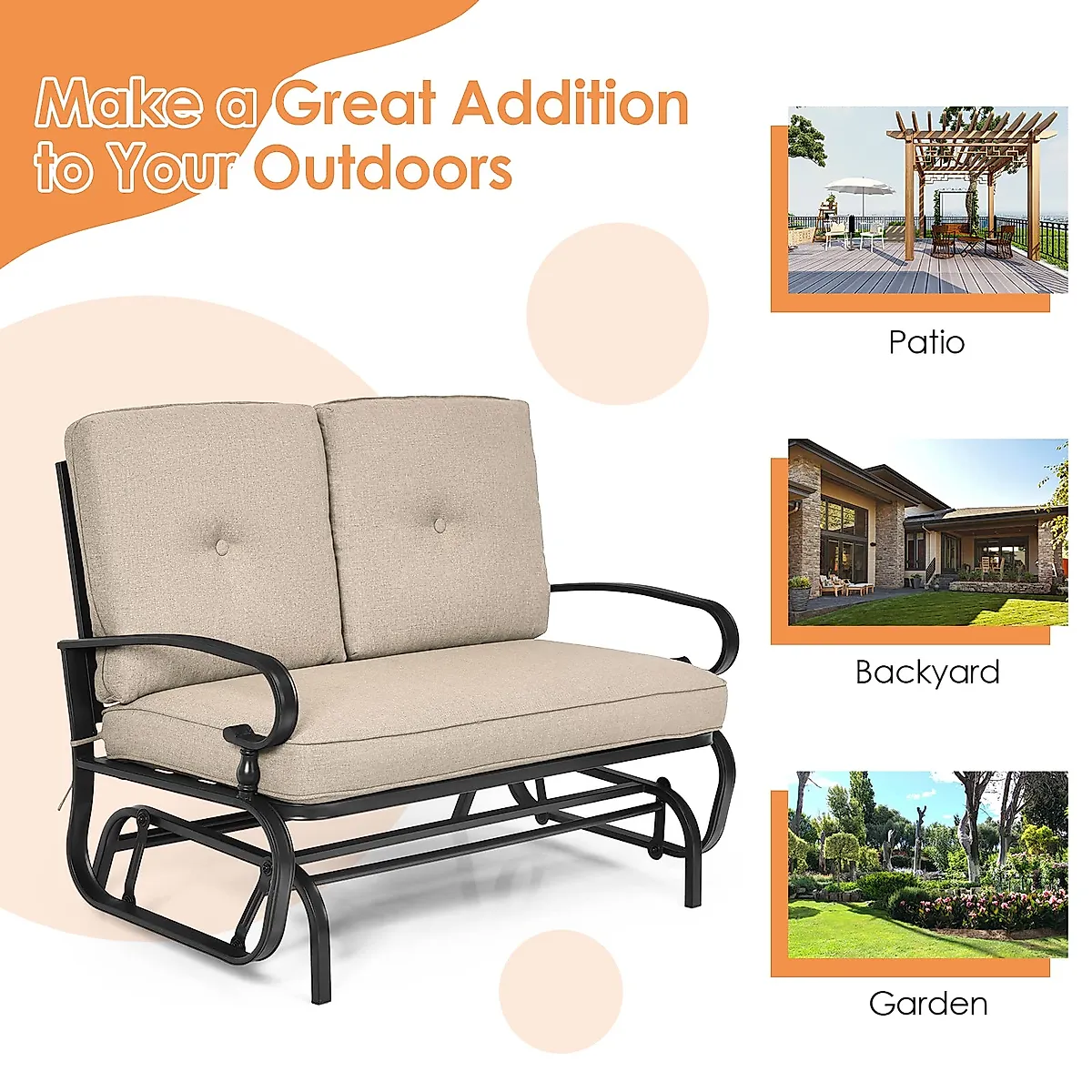 HAPPYGRILL Outdoor Swing Glider Bench Patio Loveseat Glider with Comfortable Cushions, 2 Persons Rocking Glider Chair for Porch Balcony Garden Poolside