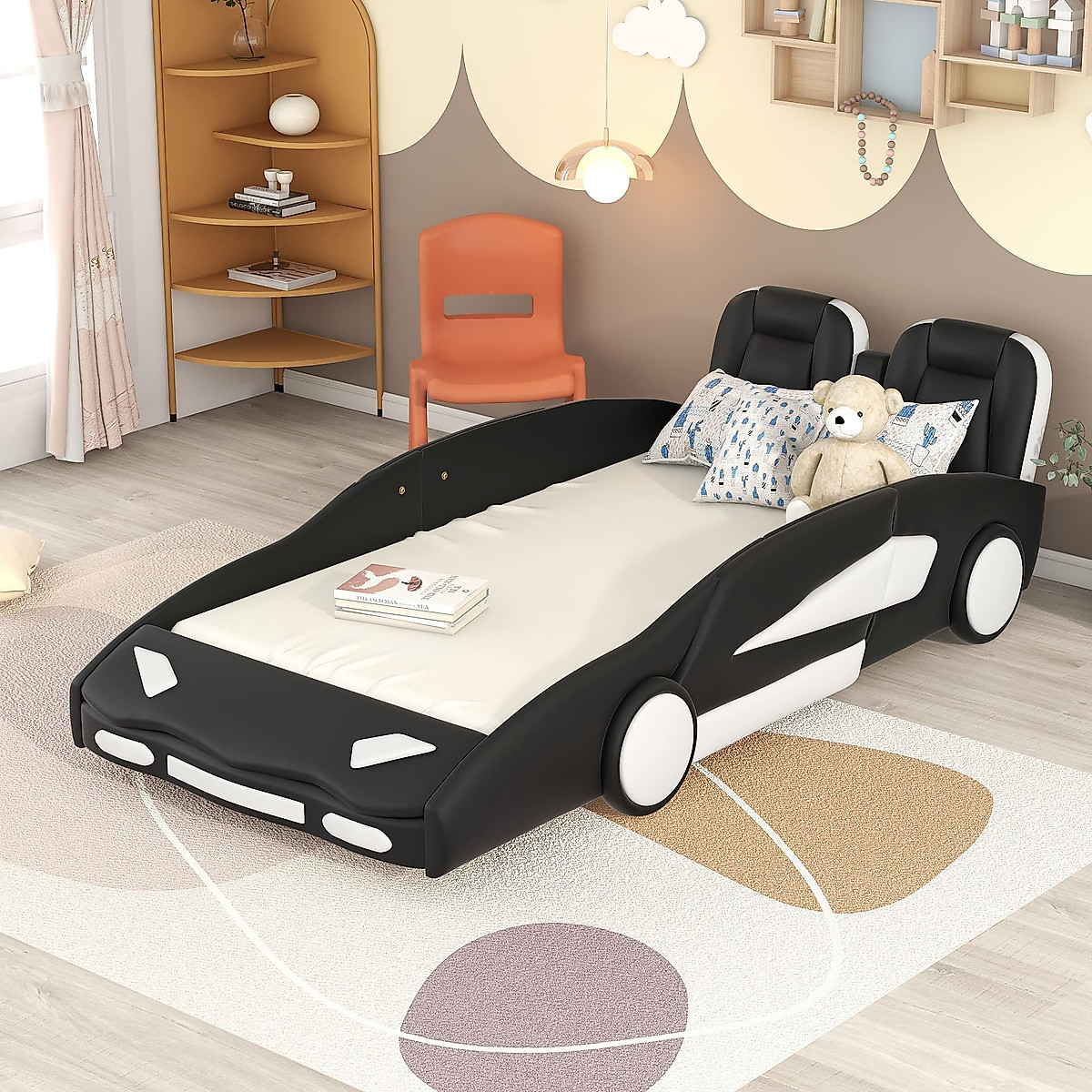 RORIGAT Twin Size Race Car-Shaped Platform Bed,Upholstered Car Bed with Two Seats for Kids Boys,Wood Slat Support,for Kids Toddlers Boys Girls Bedroom, No Box Spring Needed,Black