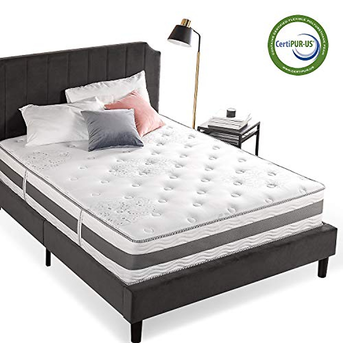 Zinus 12 Inch Gel-Infused Memory Foam Hybrid Mattress, Queen & Shalini Upholstered Diamond Stitched Platform Bed/Mattress Foundation/Easy Assembly/Strong Wood Slat Support/Dark Grey, Queen