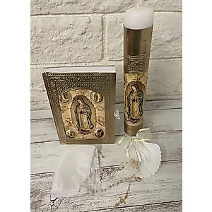 5 Piece Beautiful Handmade Gold Guadalupe Foil Baptism Christening Shells Candle Set Favors Girl Boy Set de Bautizo Espanol Nina Nino Baptism Communion Gift Box
