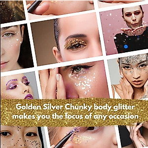 SAIFTRAD Glitter- 8 Jars Gold Silver Holographic Cosmetic Chunky Sequins Glitter Paillette for Body, Face, Eyes, Hair, Nail Art & DIY (Gold, Silver) - with Nail Brush Sponge