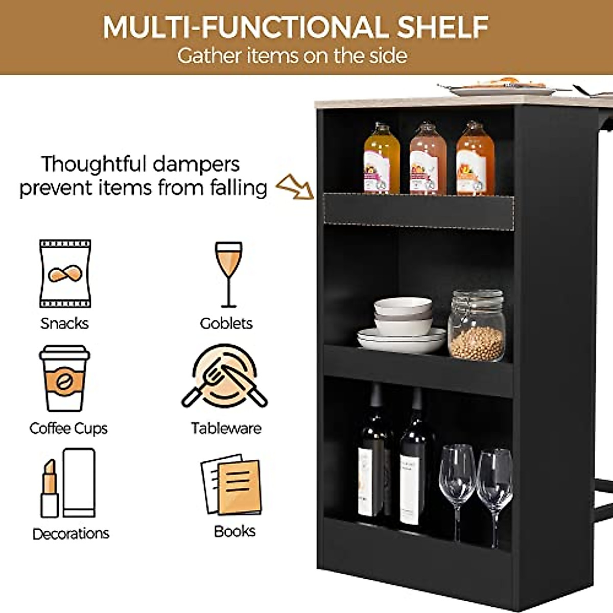 Yaheetech 3-Piece Dining Table Set, Counter Height Dining Table Set for 2, Compact Kitchen Table Set with 3-Layer Side Storage Shelf for Kitchen Restaurant, Black/Gray