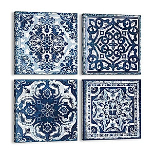 Bedroom Decor Canvas Wall Art Flower Pattern Prints Bathroom Abstract Pictures Modern Navy Framed Wall Decor Artwork for Walls Hang for Bedroom 4 Pieces Wall Decoration Size 14x14 Each Panel