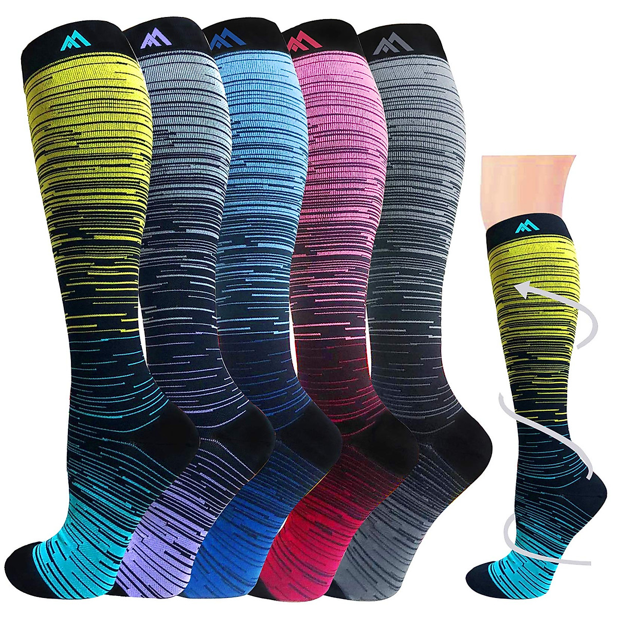 5 Pairs Graduated Compression Socks for Women&Men 20-30mmhg Knee High Socks Compression Stockings Athletic Socks(Multicoloured 1, Large/X-Large(US SIZE))