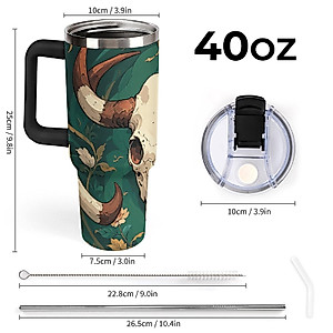 FZQVSGW Bull Skull 40 Oz Tumbler with Handle And Straw Stainless Steel Vacuum Insulated Tumblers Reusable Keep Drinks Cold Coffee Cup Holder Friendly Gifts for Women Men Car Gym Travel