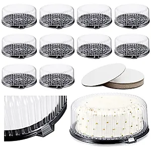 Tessco 10 Pieces 10-11 Inch Plastic Cake Containers with Lids and Thickened Cake Boards Round Cake Carriers Disposable Cake Holder with Lid Clear Cake Transport Container Clear Cake Box