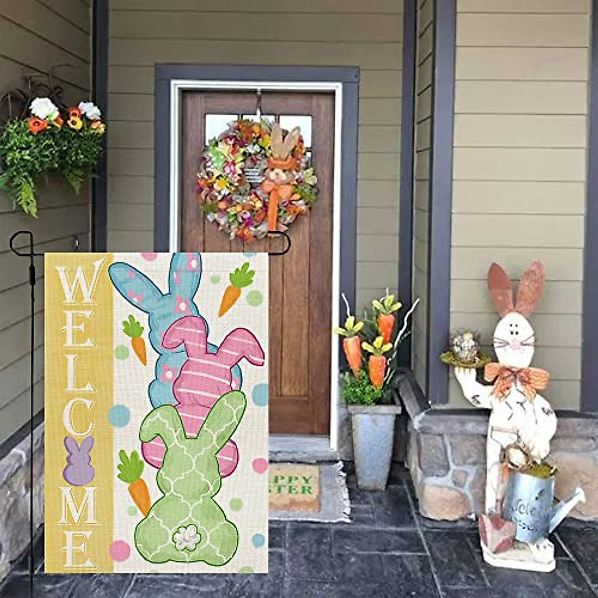 CROWNED BEAUTY Easter Bunnies Tail Garden Flag 12x18 Inch Double Sided for Outside Burlap Small Carrots Welcome Yard Holiday Decoration CF716-12