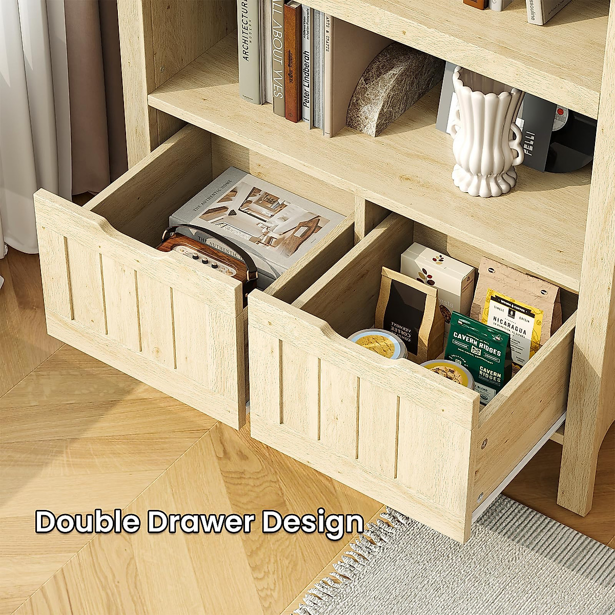 cosimates 65" Tall Arched Bookcase, 4-Tier Arched Cabinet with 2 Drawers and Shelves, Arched Bookshelf with Storage,for Living Room, (Oak)